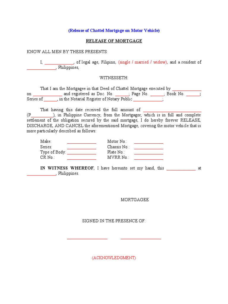 Release of Chattel Mortgage On Motor Vehicle | PDF