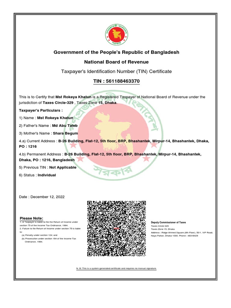 TIN Certificate for Mst Rokeya Khatun | PDF