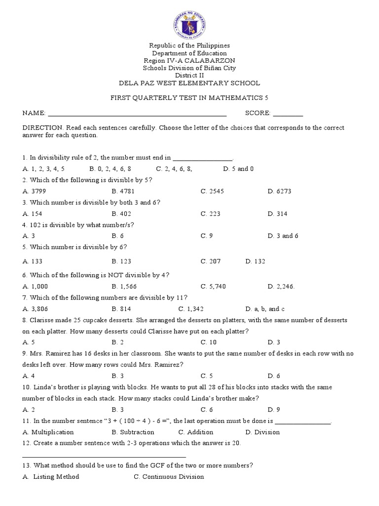 PT Math-5 Q1 | PDF | Abstract Algebra | Division (Mathematics)