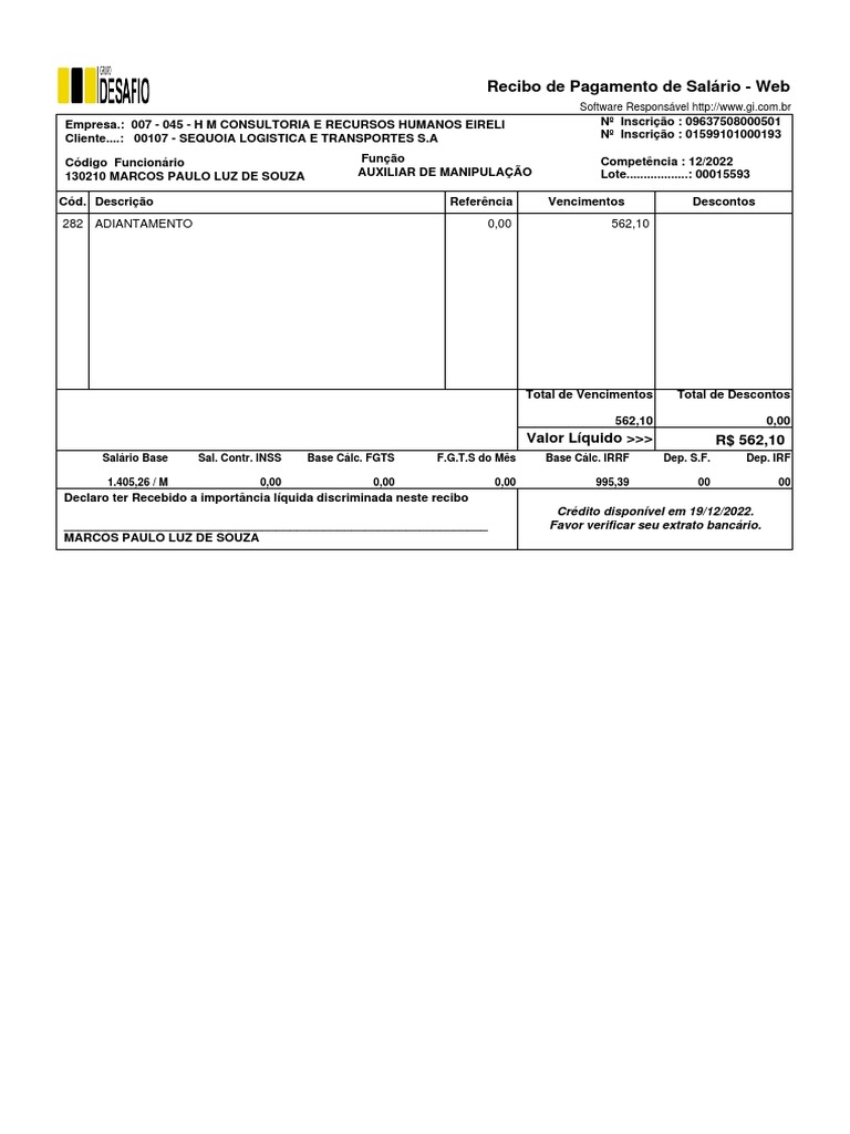 Recibo de Pagamento de Salário - Web: 282 Adiantamento 562,10 0,00 | PDF