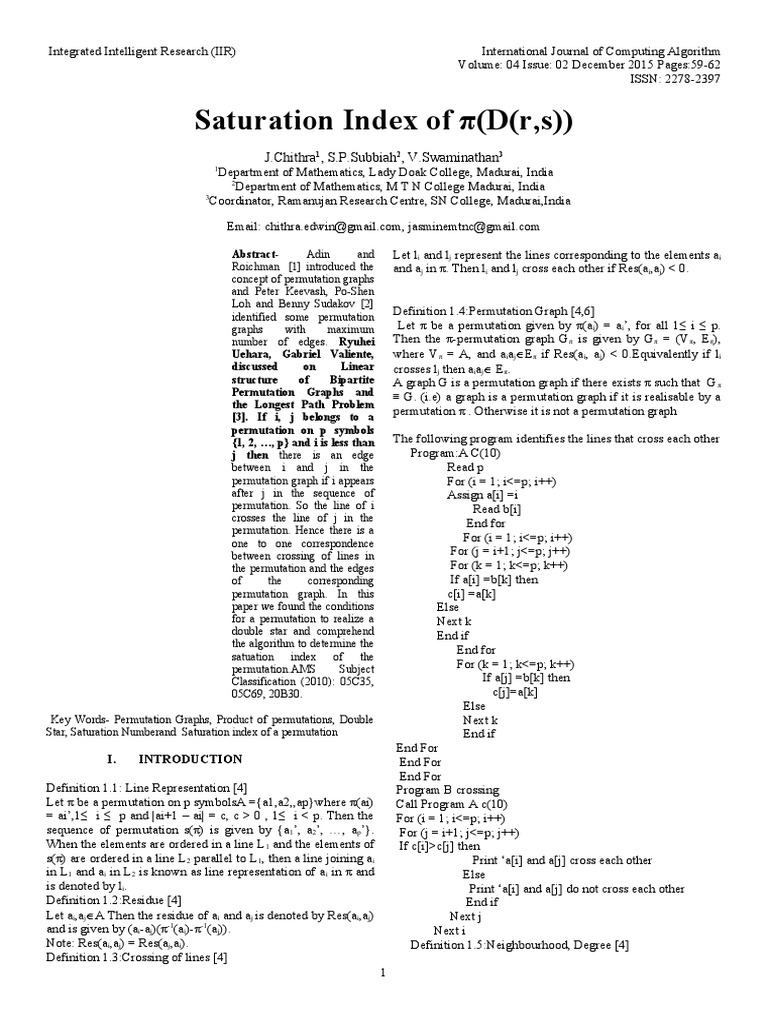 Saturation Index of π (D (r,s) ) | PDF | Permutation | Graph Theory Saturation Index of π (D (r,s) ) | PDF | Permutation | Graph Theory