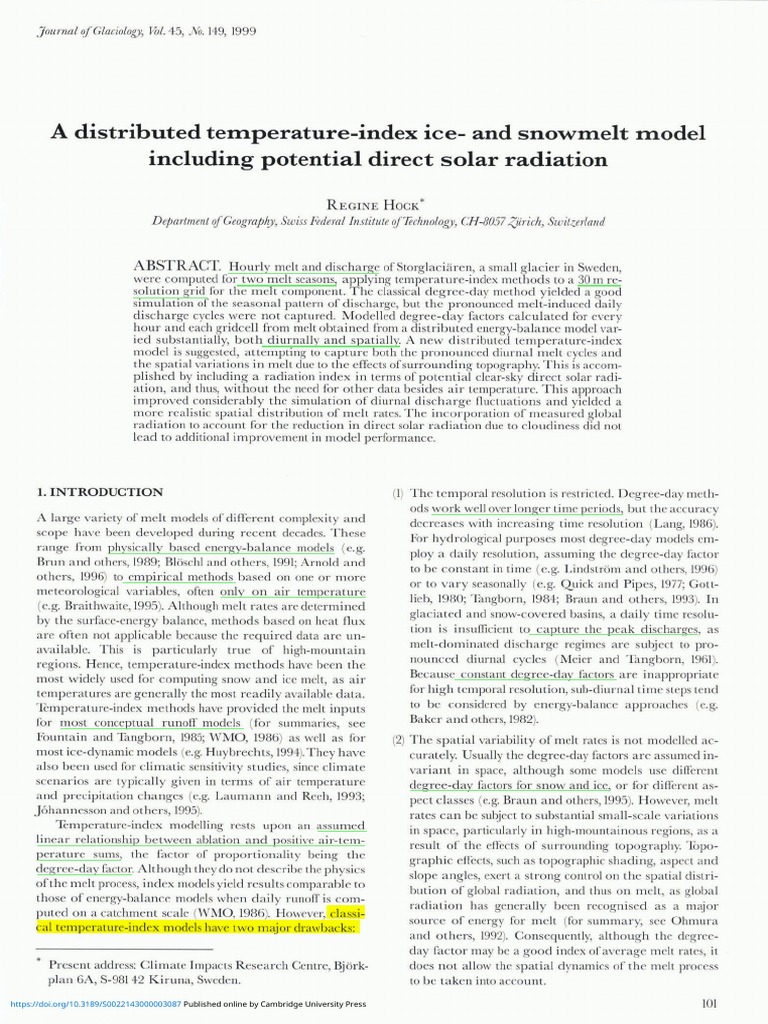 Hock 1999 A Distributed Temperature Index Ice | PDF | Physical ...