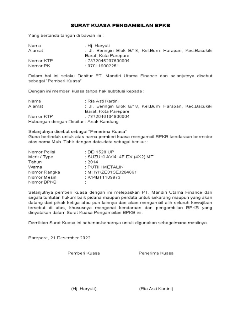 Surat Kuasa Pengambilan BPKB | PDF