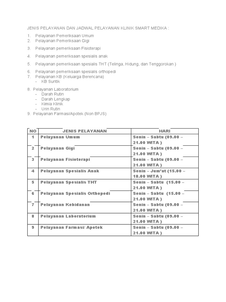 Jenis Pelayanan Dan Jadwal Pelayanan Klinik Smart Medika | PDF