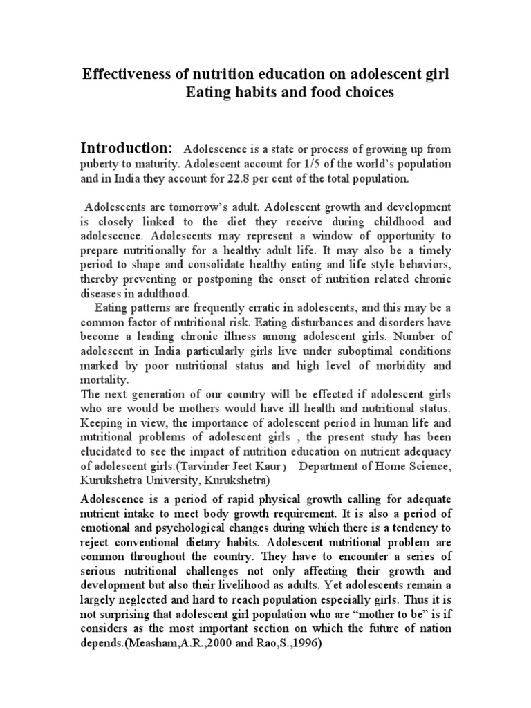Nutrition Education for Adolescent Girls | PDF | Nutrition | Diet ...