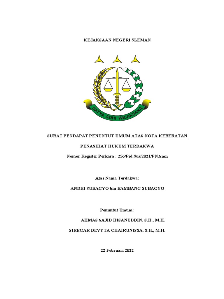 Pendapat JPU atas Nota Keberatan Andri Subagyo | PDF