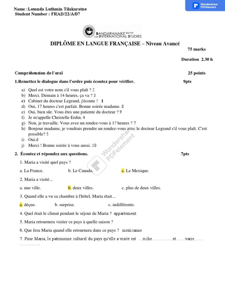 BCIS French Advanced Level Final Examination 2022 A (11) - Lesanda ...