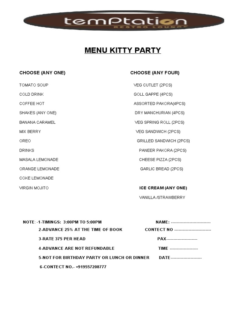 Vegetarian Menu for Kitty Party | PDF