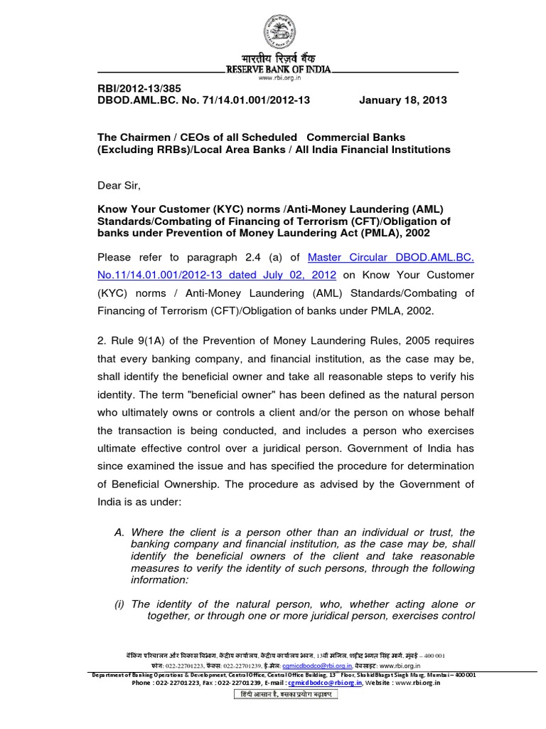 RBI Guidelines on Beneficial Ownership | PDF | Money Laundering | Business