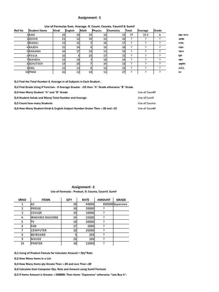 Excel Practical Assignments | PDF | Fruit | Vegetables