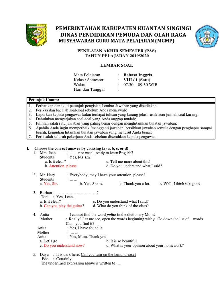 Soal Pas Bing Kls 8 k13 2019-2020 | PDF | Linguistics