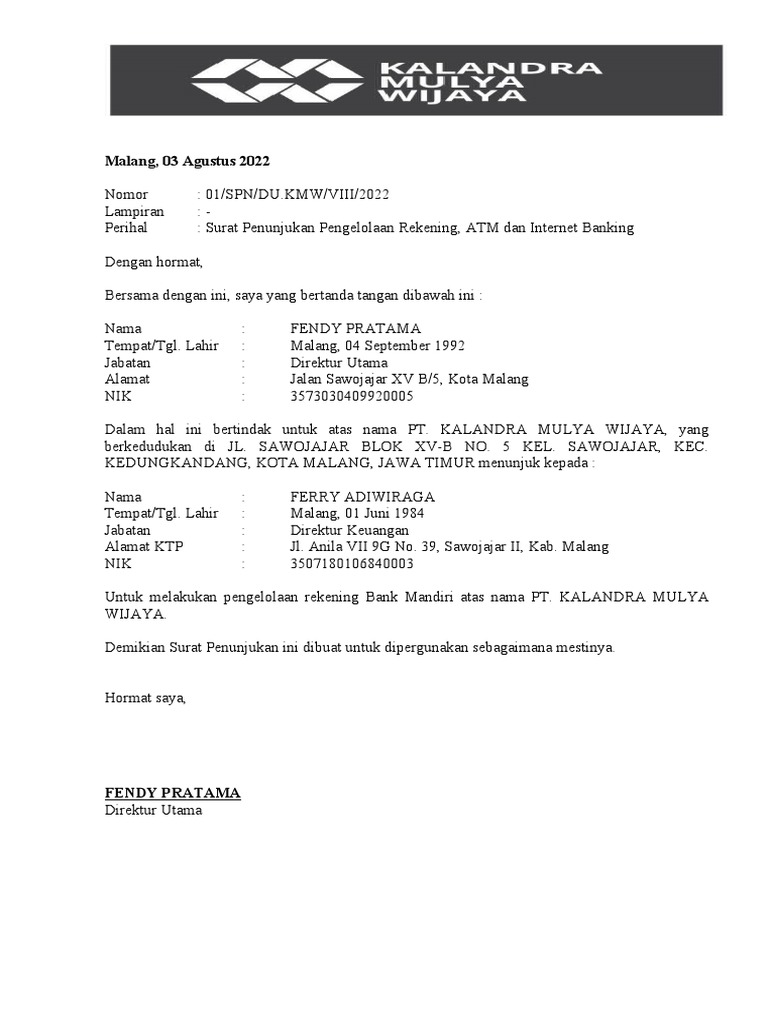 Surat Penunjukan Pengelolaan Rekening | PDF