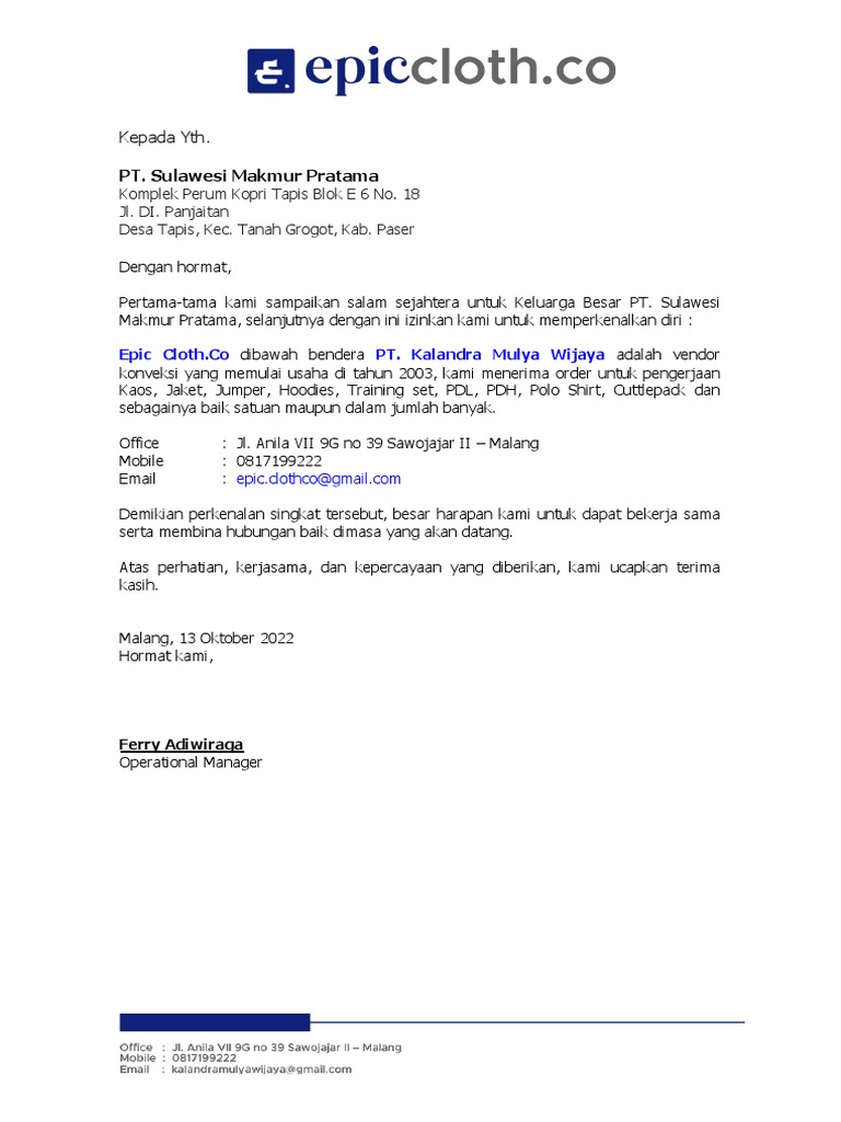 Surat Penawaran & Perkenalan Seragam PT Sulawesi Makmur Pratama | PDF