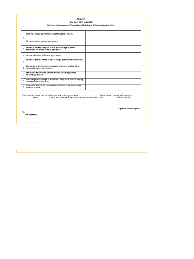 FORM IV (Notice by The Principal Employer On Commencement) | PDF