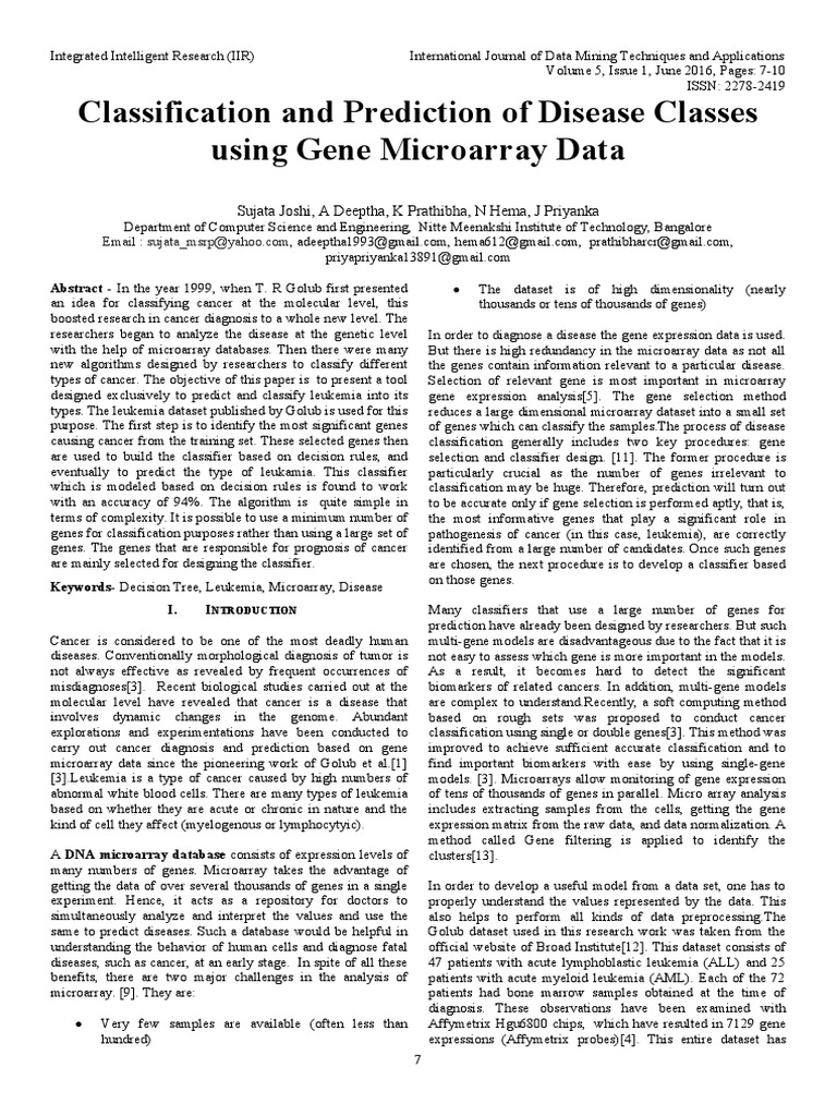 Classification And Prediction Of Disease Classes Using Gene Microarray Data Pdf Statistical