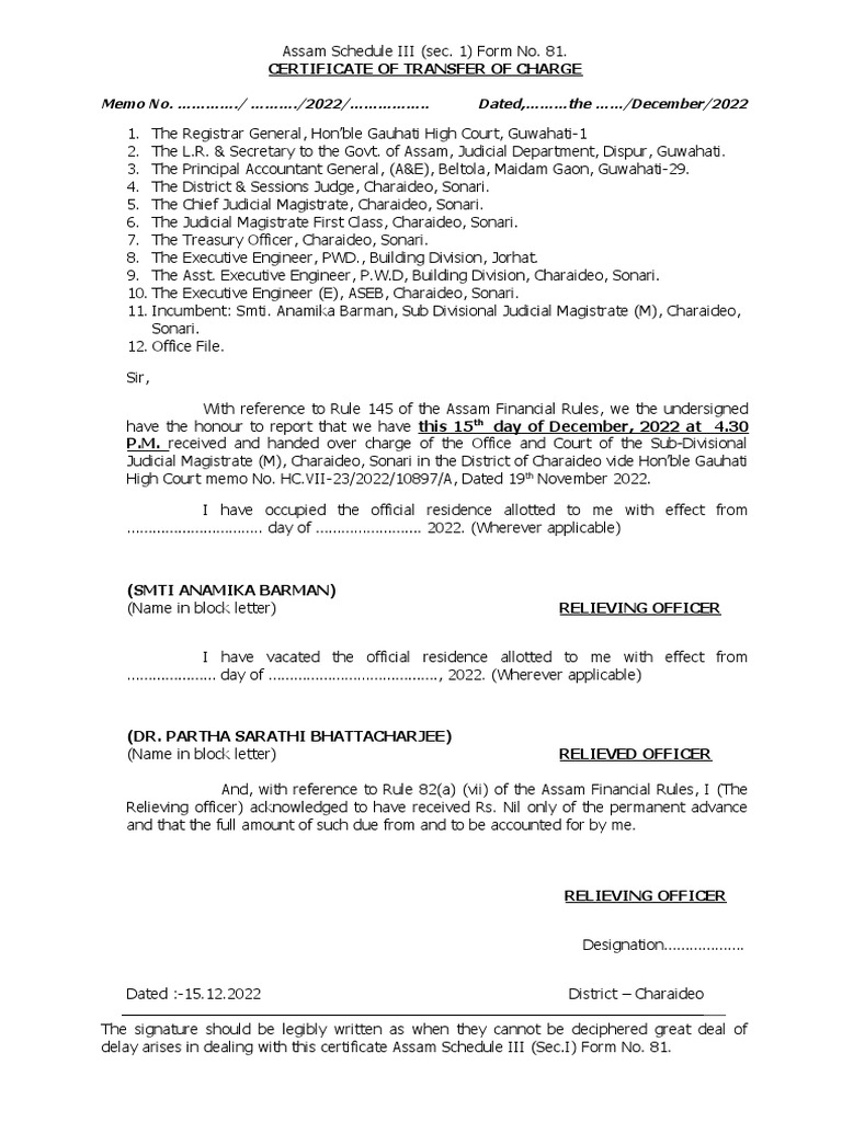 Certificate of Transfer of Charge Anamika Barman | PDF | Justice ...