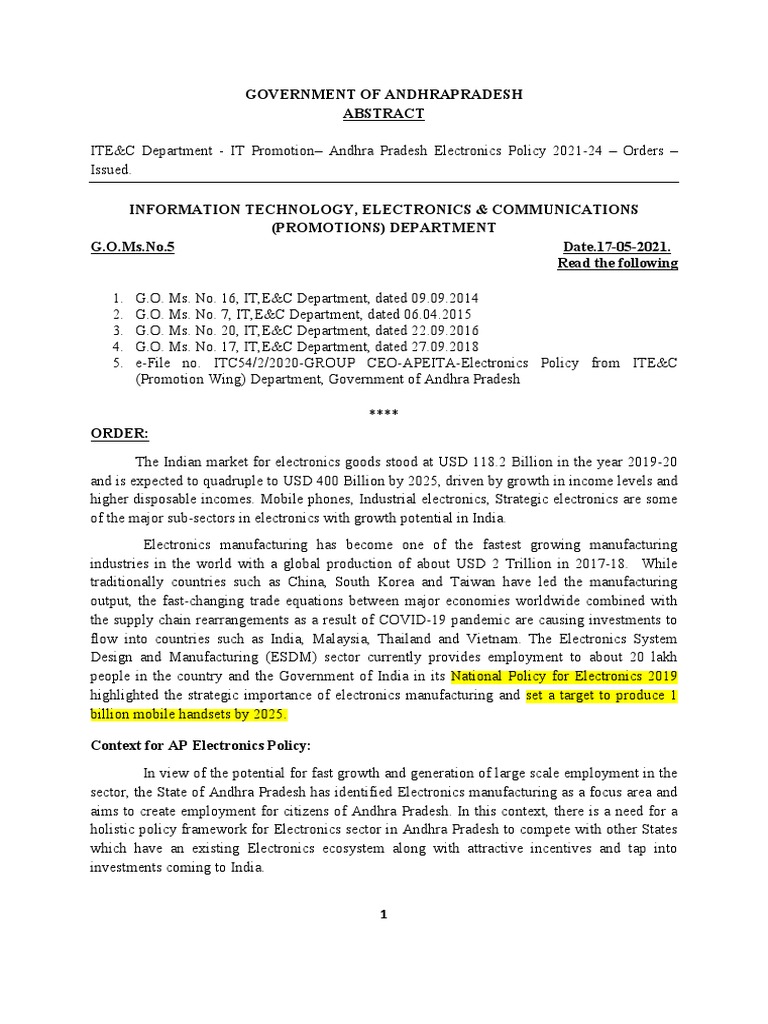 Andhra Pradesh Electronics Policy 2021-24 | PDF | Infrastructure ...
