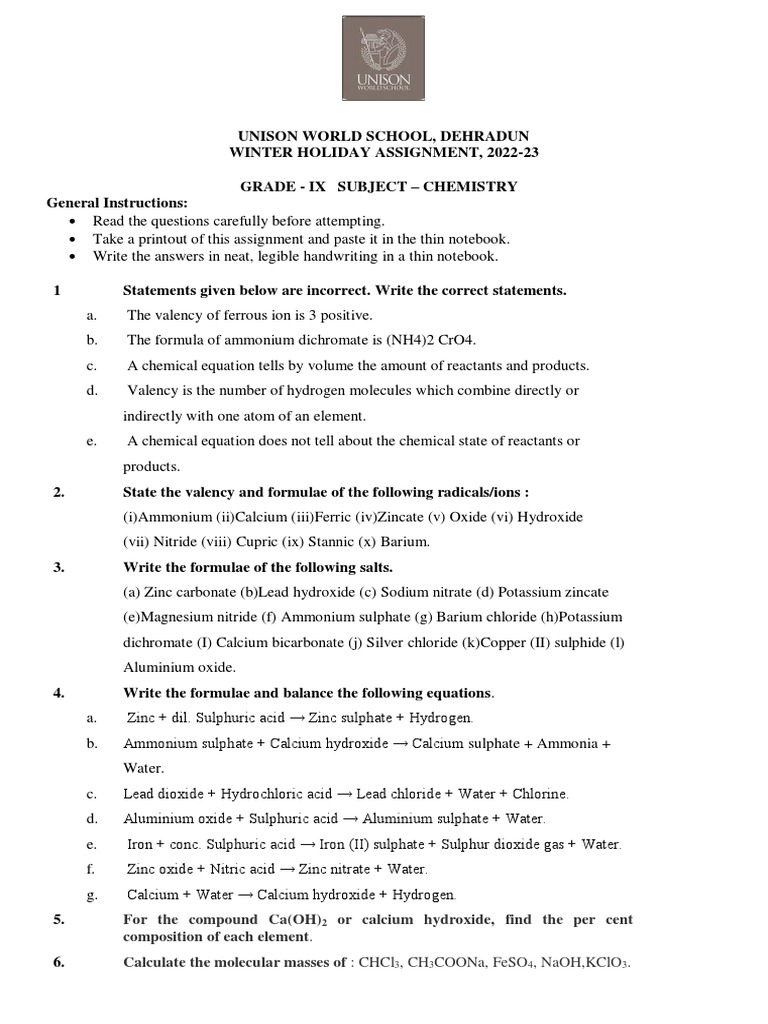 Grade IX Chemistry Winter Holiday Assignment | PDF | Hydroxide | Ammonium