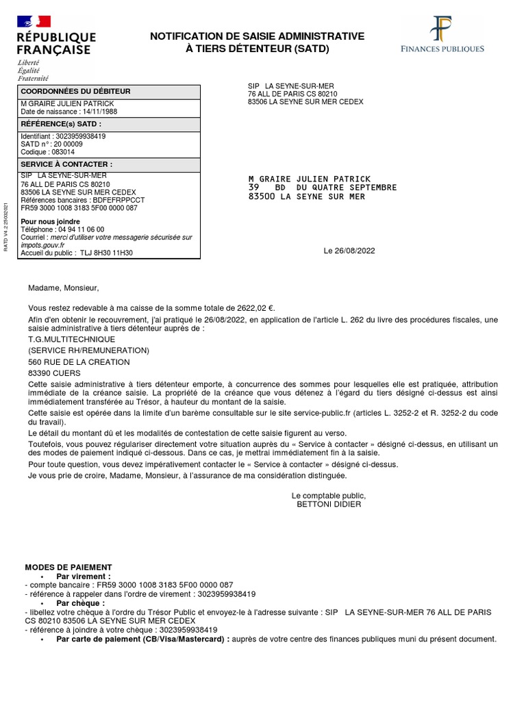 Notification D Avis A Tiers Detenteur | PDF | Impôts | Argent