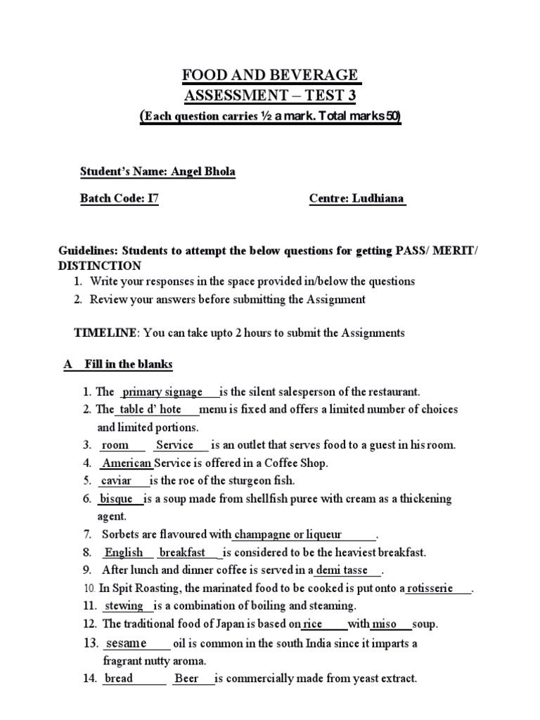 Food and Beverage Assessment Test 3 | PDF | Sauce | Foods