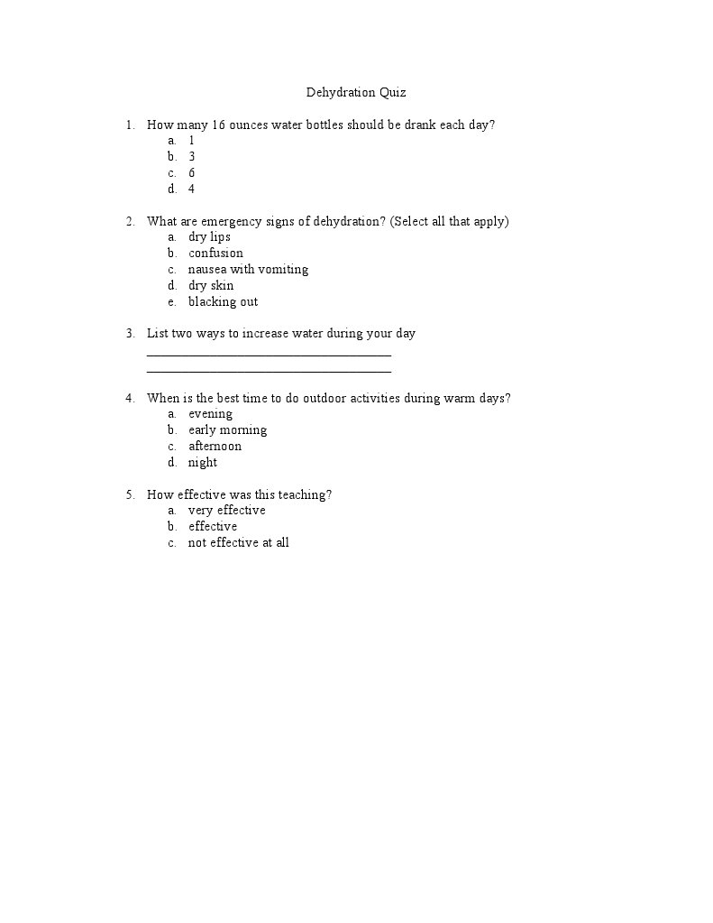 Dehydration Quiz | PDF | Symptoms And Signs | Body Fluids