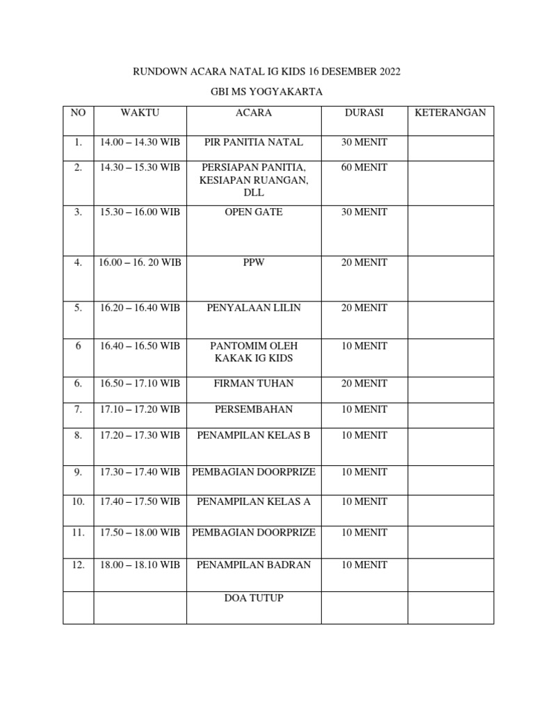 Rundown Acara Natal Ig Kids 16 Desember 2022 | PDF