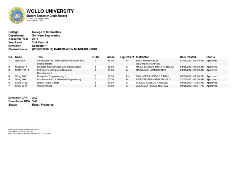 Wollo University: P.O. Box. 1145, Dessie, Ethiopia Tel No.: (033 ...