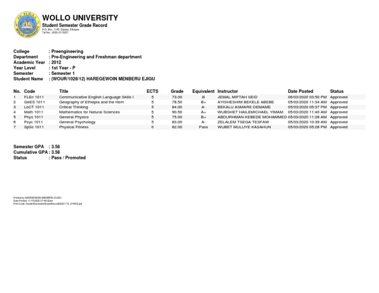 Wollo University Semester 1 Grades | PDF