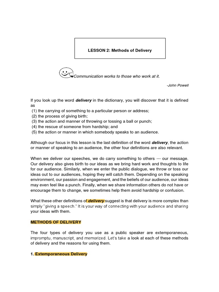UNIT 2 Lesson 2 Methods of Delivery | PDF | Public Speaking | Improvisation