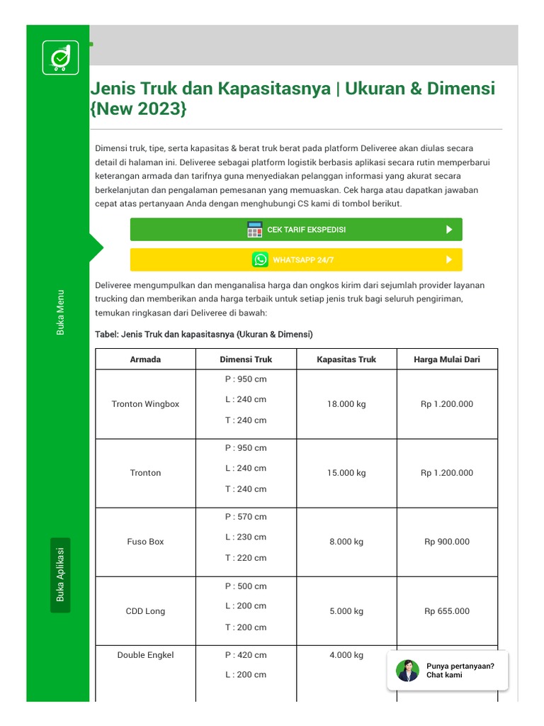 Jenis Truk Dan Kapasitasnya - Ukuran & Dimensi (New 2023) | PDF