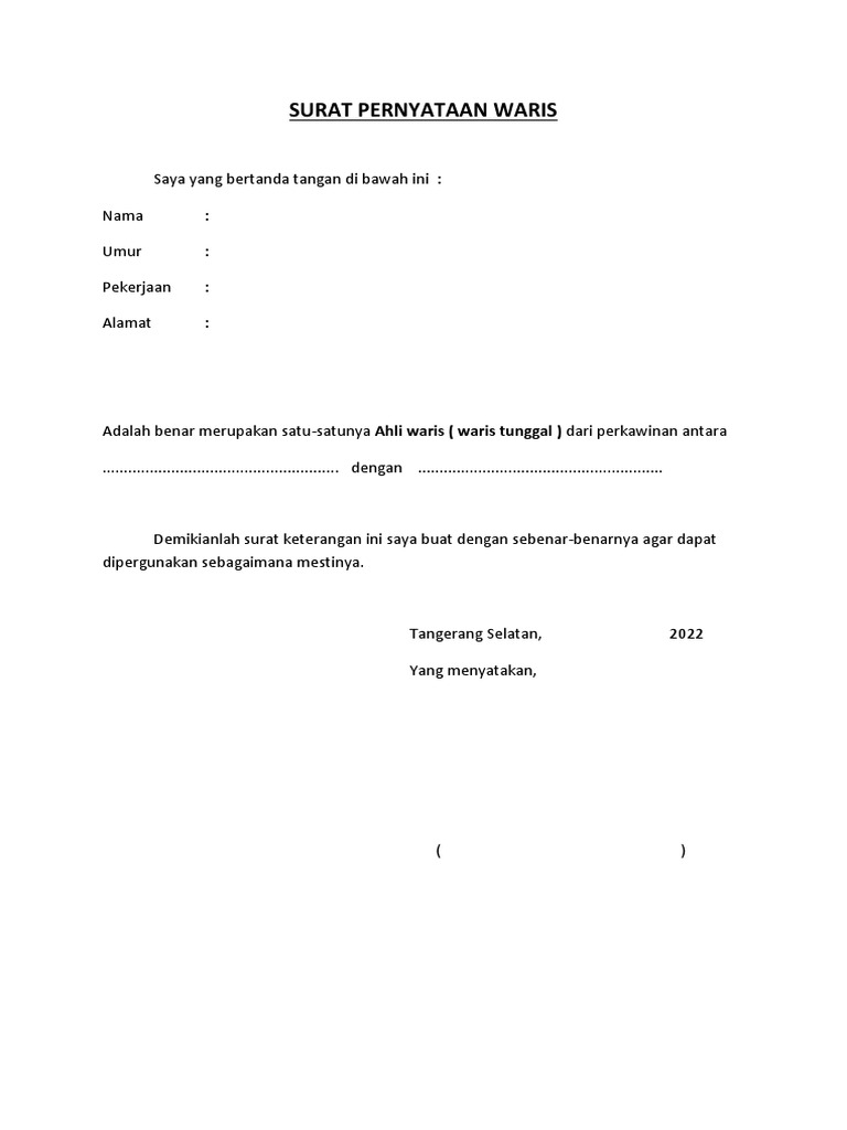 Surat Pernyataan Waris Tunggal | PDF