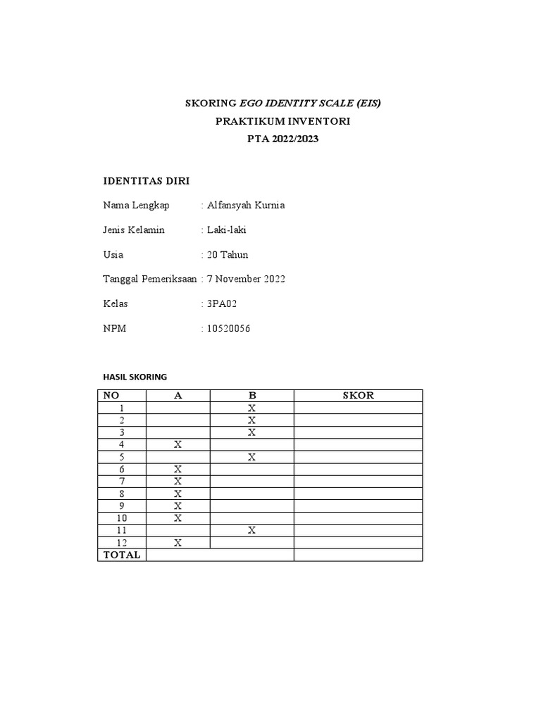 Skoring Ego Identity Scale (Eis) Praktikum Inventori PTA 2022/2023 | PDF