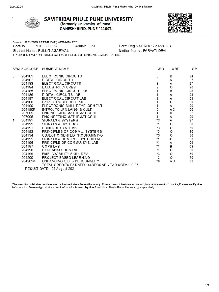 2ND Year Pulkit Savitribai Phule Pune University, Online Result | PDF ...