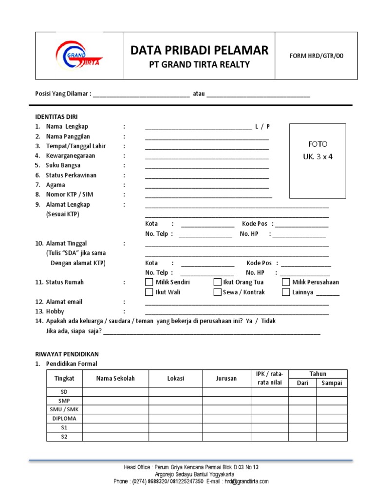 Form Data Pribadi Pelamar - GTR | PDF