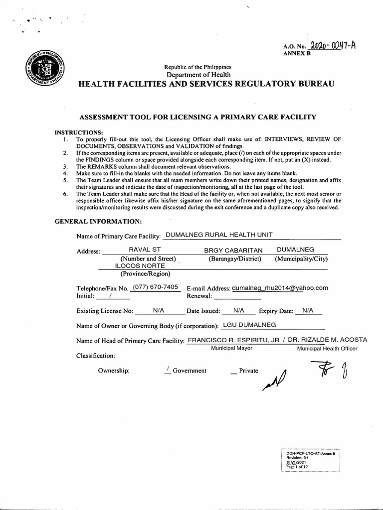 DUMALNEG Assessment Tool For PCF | PDF | Medical Record | Surgery