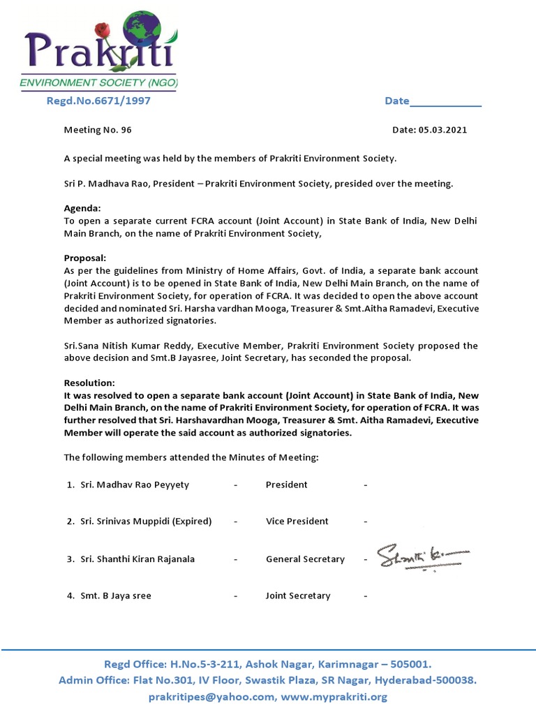 Resolution to Open FCRA Account | PDF | Government Of India