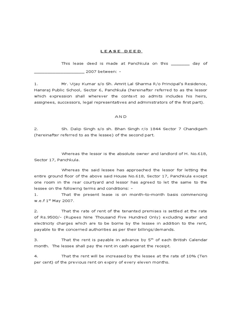 Lease Deed of Sample | Download Free PDF | Lease | Leasehold Estate