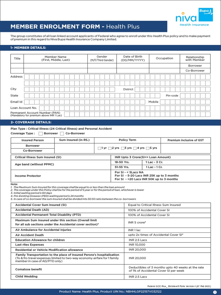 Federal Bank Health Plus Enrollment Form | PDF | Insurance | Underwriting