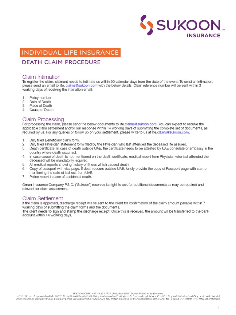 Sukoon Death Claim Procedure Guide | PDF | Insurance | Indemnity