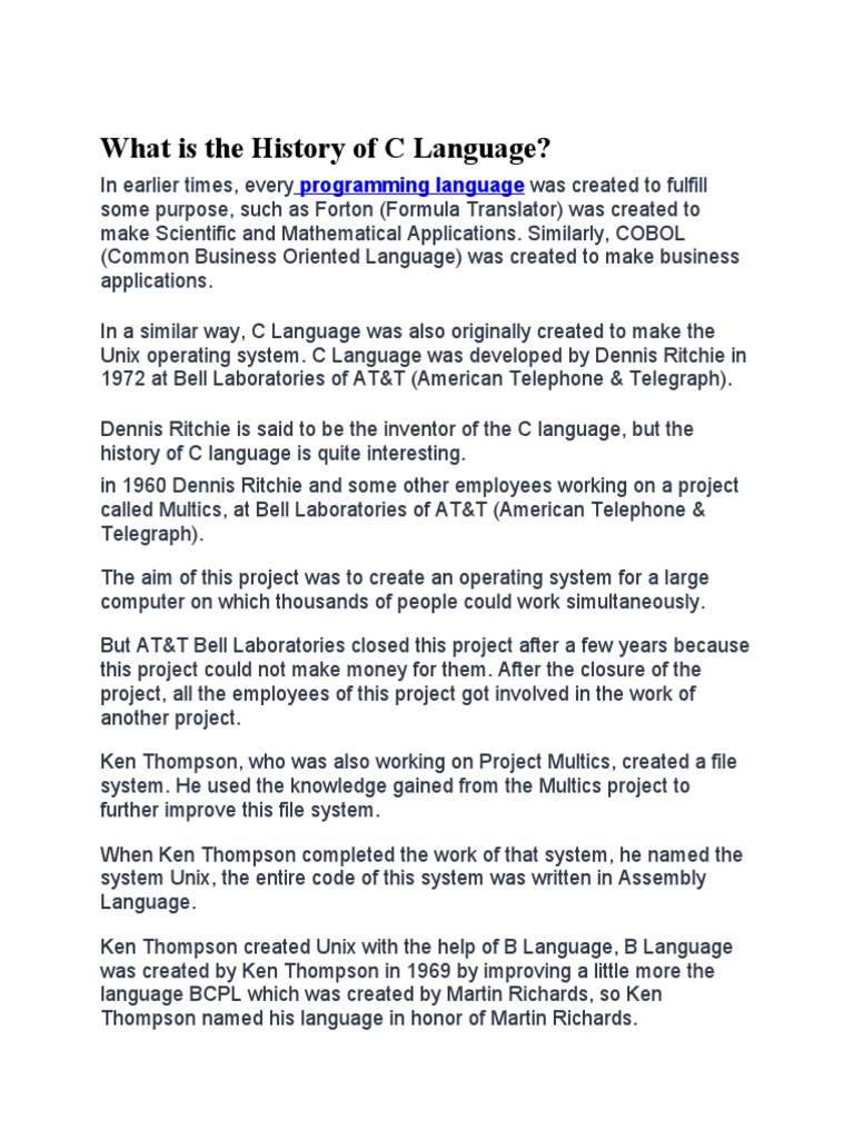 History of C Language | PDF | C (Programming Language) | Computer Architecture