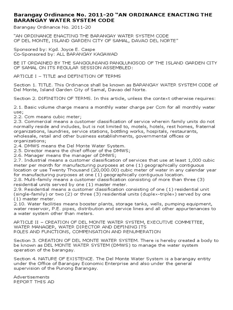 Barangay Ordinance No | PDF | Fee | Water