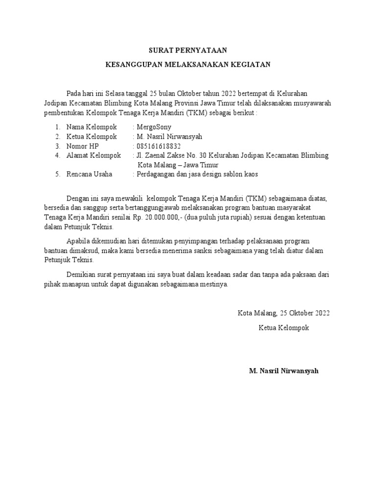 Surat Pernyataan Kesanggupan | PDF
