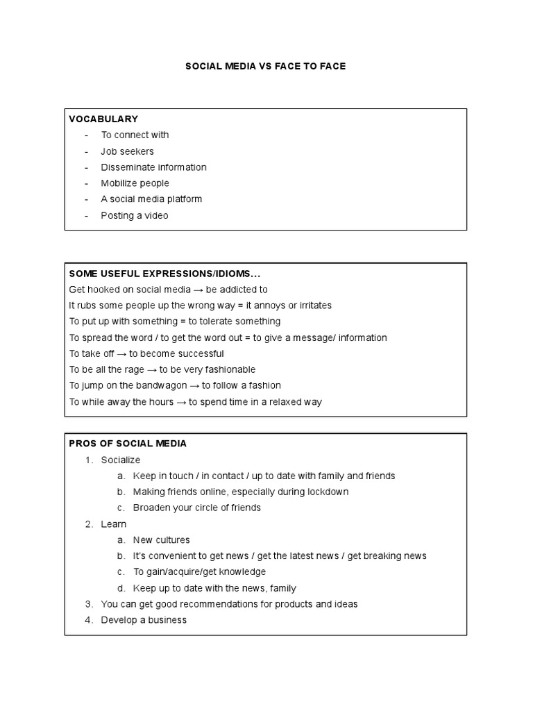 SOCIAL MEDIA Vs FACE TO FACE | PDF | Social Media | Popular Culture ...