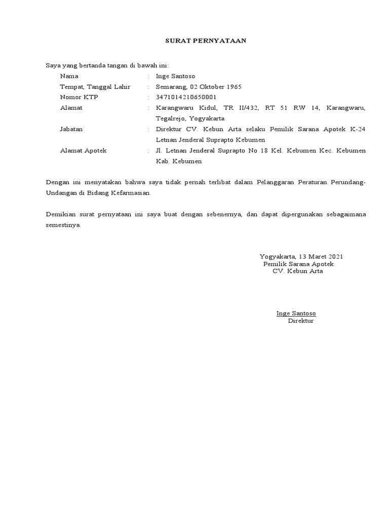 Surat Pernyataan Untuk Pengajuan SIPA | PDF