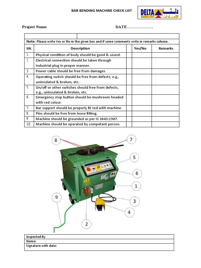 Bar Bending Machine Safety Checklist | PDF
