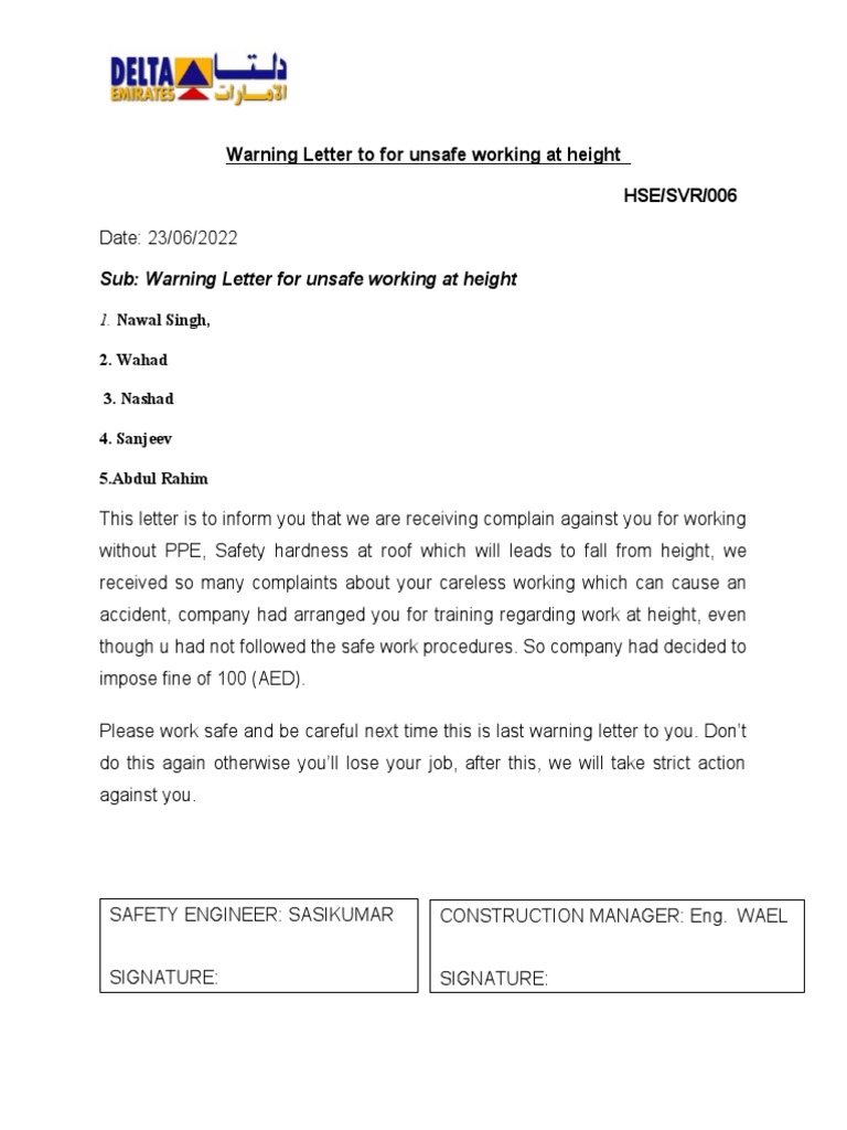 Warning Letter To Driver For Unsafe Driving 20 | PDF
