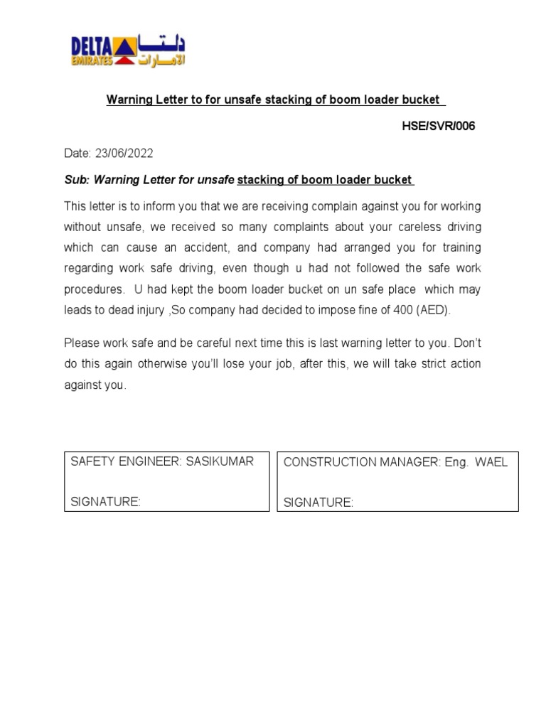 Warning Letter To Driver For Unsafe Driving 20 | PDF