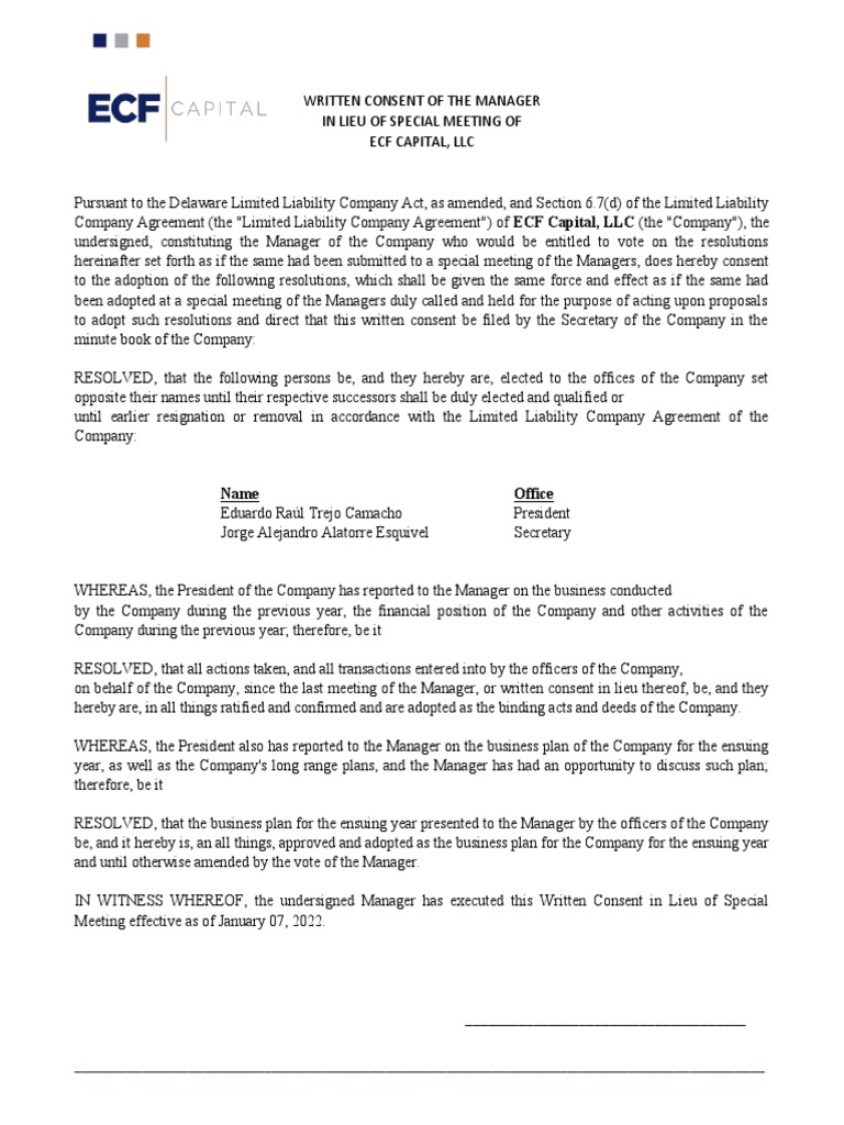 Written Consent of The Manager Ecf | PDF | Limited Liability Company ...