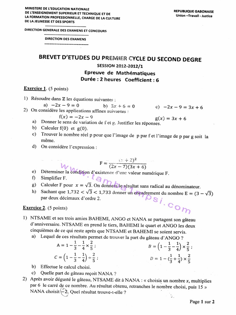 Bepc Gabon Maths 2012 | PDF