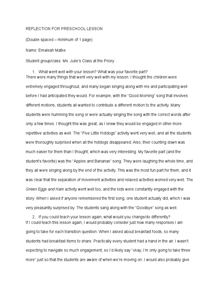 Reflection For Preschool Lesson 1 | PDF | Teachers | Preschool